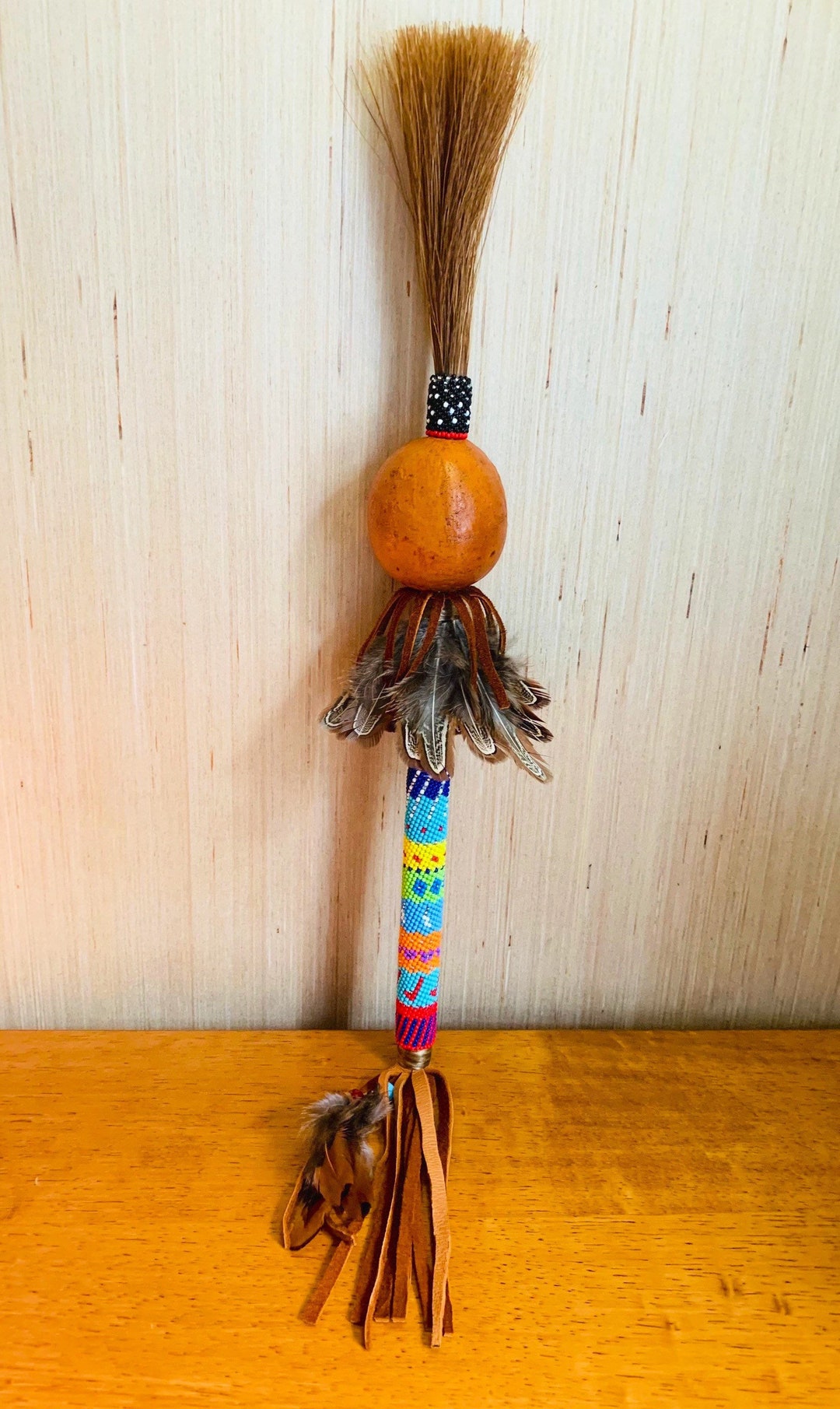 Gourd Rattle With Peyote Beaded Handle. Hand Crafted With Horse Hair ...