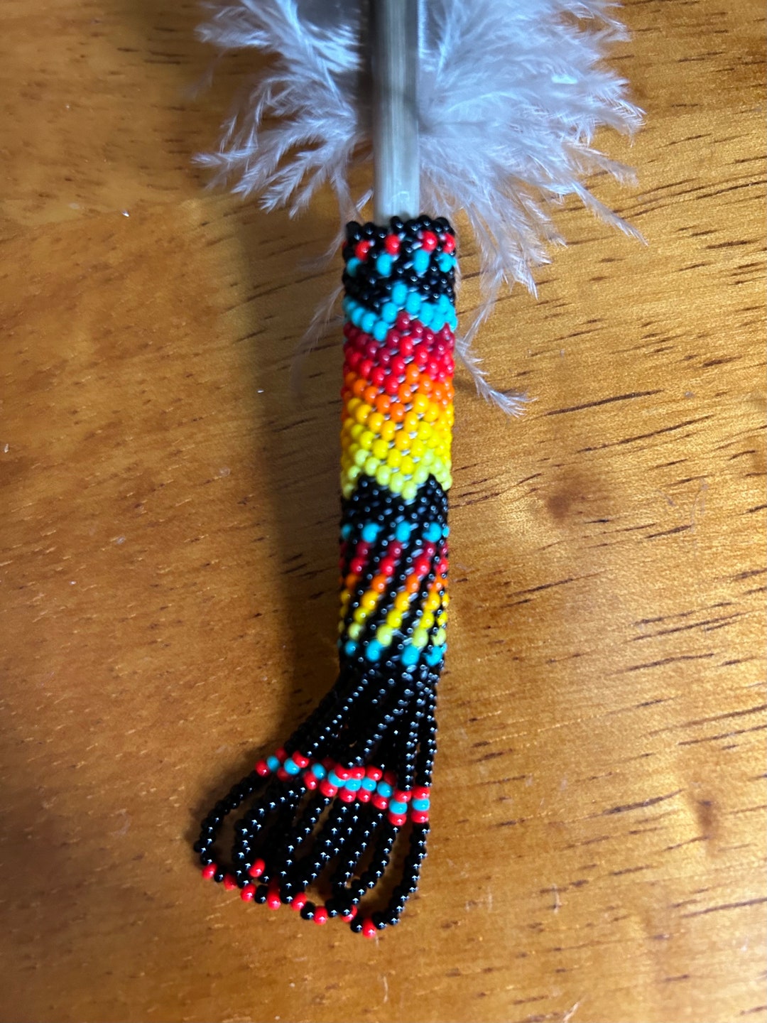 Peyote Beaded Smudge Feather With Yellow or Red Cedar Smudge. - Etsy