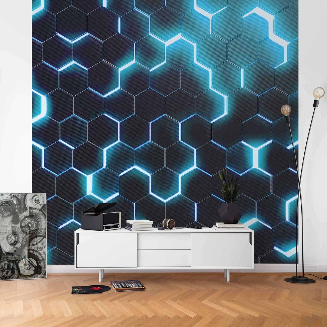 Wallpaper Hexagonal Pattern With Neon Light in Turquoise Gaming Neon ...