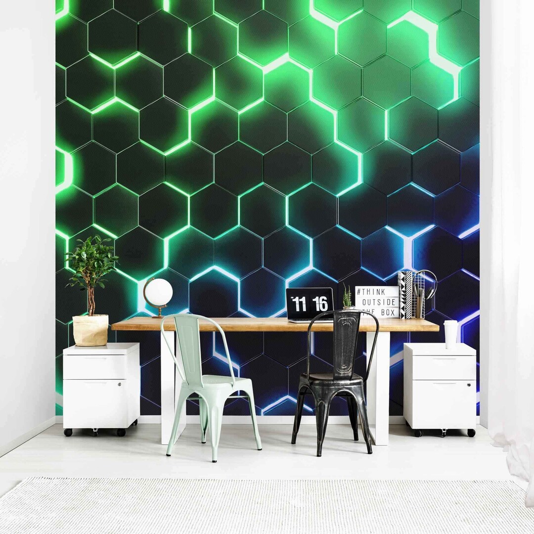 Wallpaper Hexagonal Pattern With Neon Light in Green and Turquoise ...