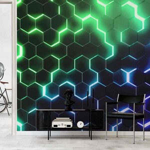 Wallpaper Hexagonal Pattern With Neon Light in Green and Turquoise ...