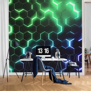 Wallpaper Hexagonal Pattern With Neon Light in Green and Turquoise ...