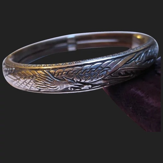 Antique Chinese Silver Bracelet Bamboo Bangle Phoenix… - Gem