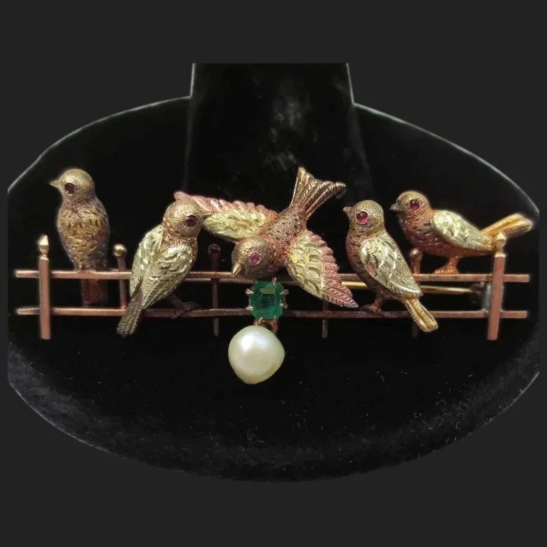Delightful 14K Gold Antique Bird Brooch With Emerald & Pearl - Etsy