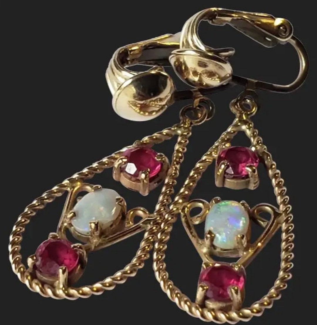 14k Gold Opal and Ruby Vintage Earrings - Etsy