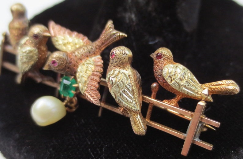 Delightful 14K Gold Antique Bird Brooch With Emerald & Pearl - Etsy