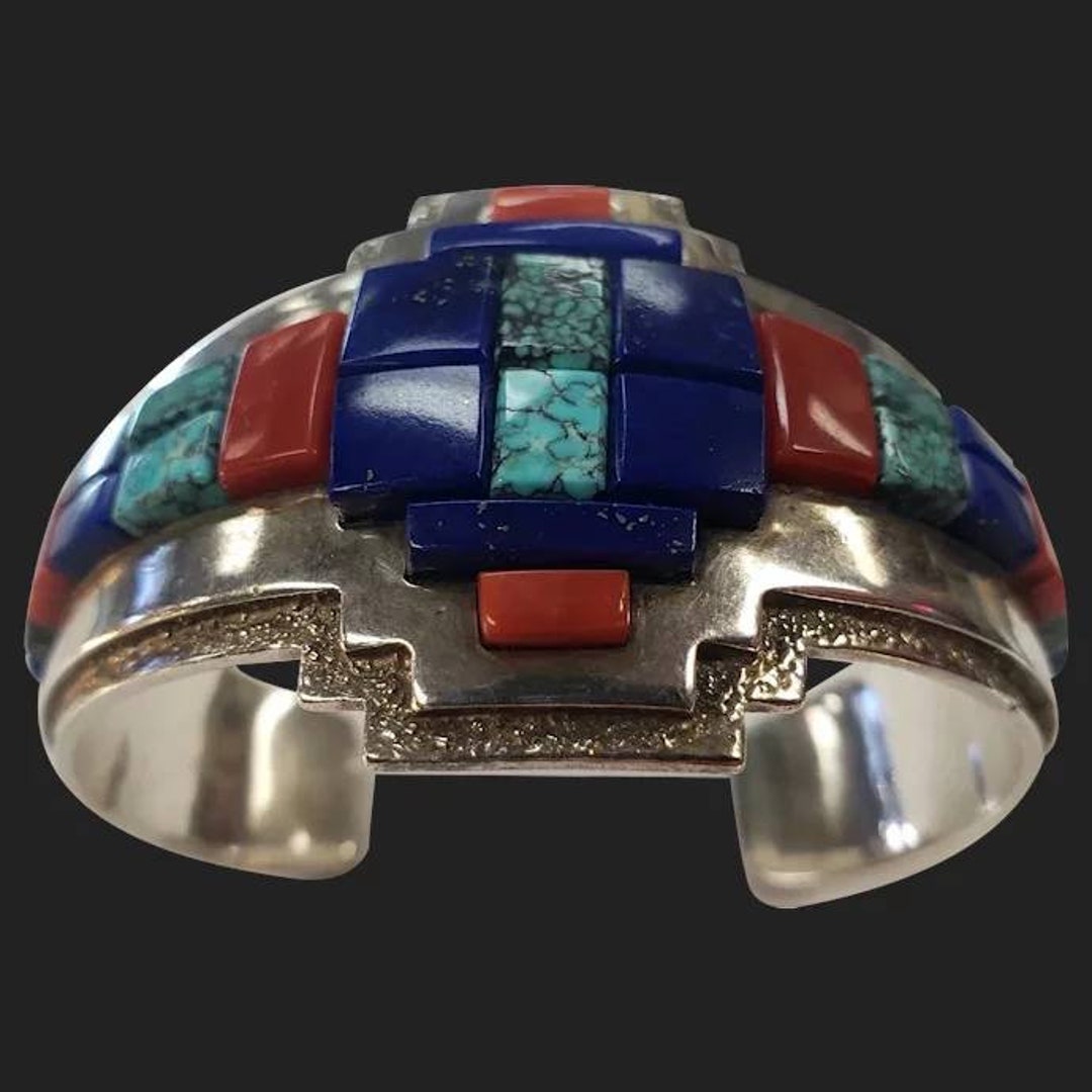 Vintage Navajo Tommy Jackson Turquoise Coral Lapis Sterling Silver Cuff ...