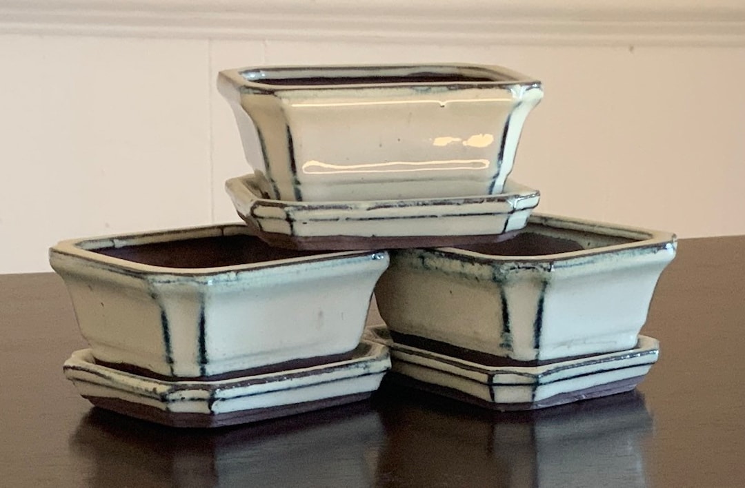 4.5" Glazed Ceramic Bonsai Pot & Matching Tray ~ Tapered Rectangular ...