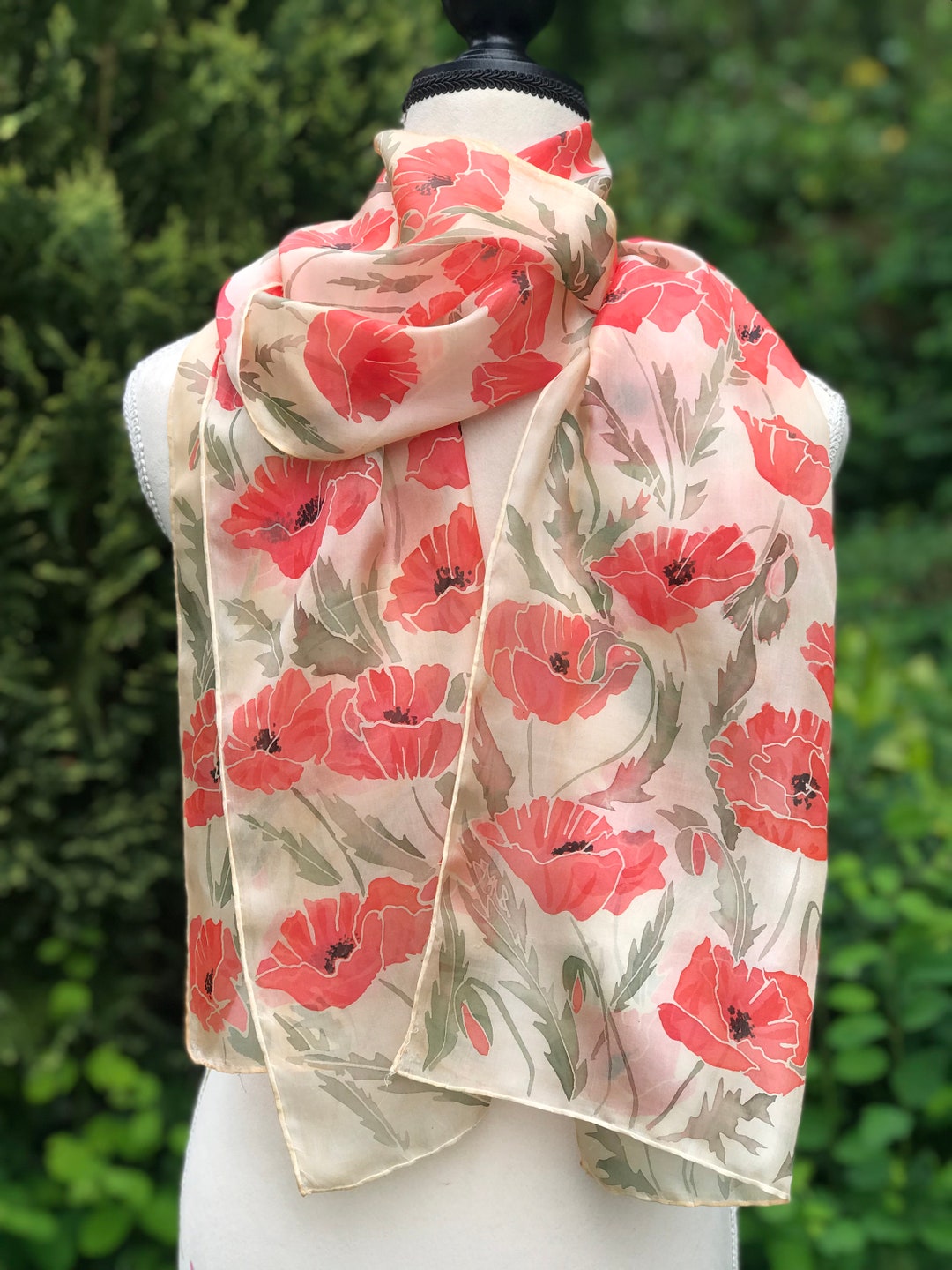 Poppy Silk Scarf Long Hand Painted Silk Scarf Red Cream - Etsy