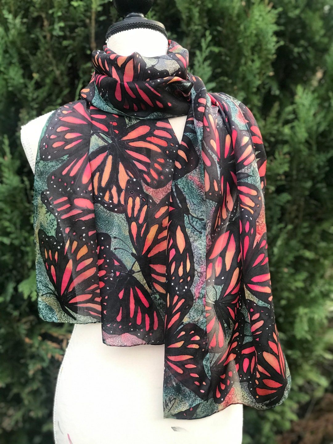 Butterfly Design Hand Painted Silk Scarf Orange Black Monarch Butterfly ...