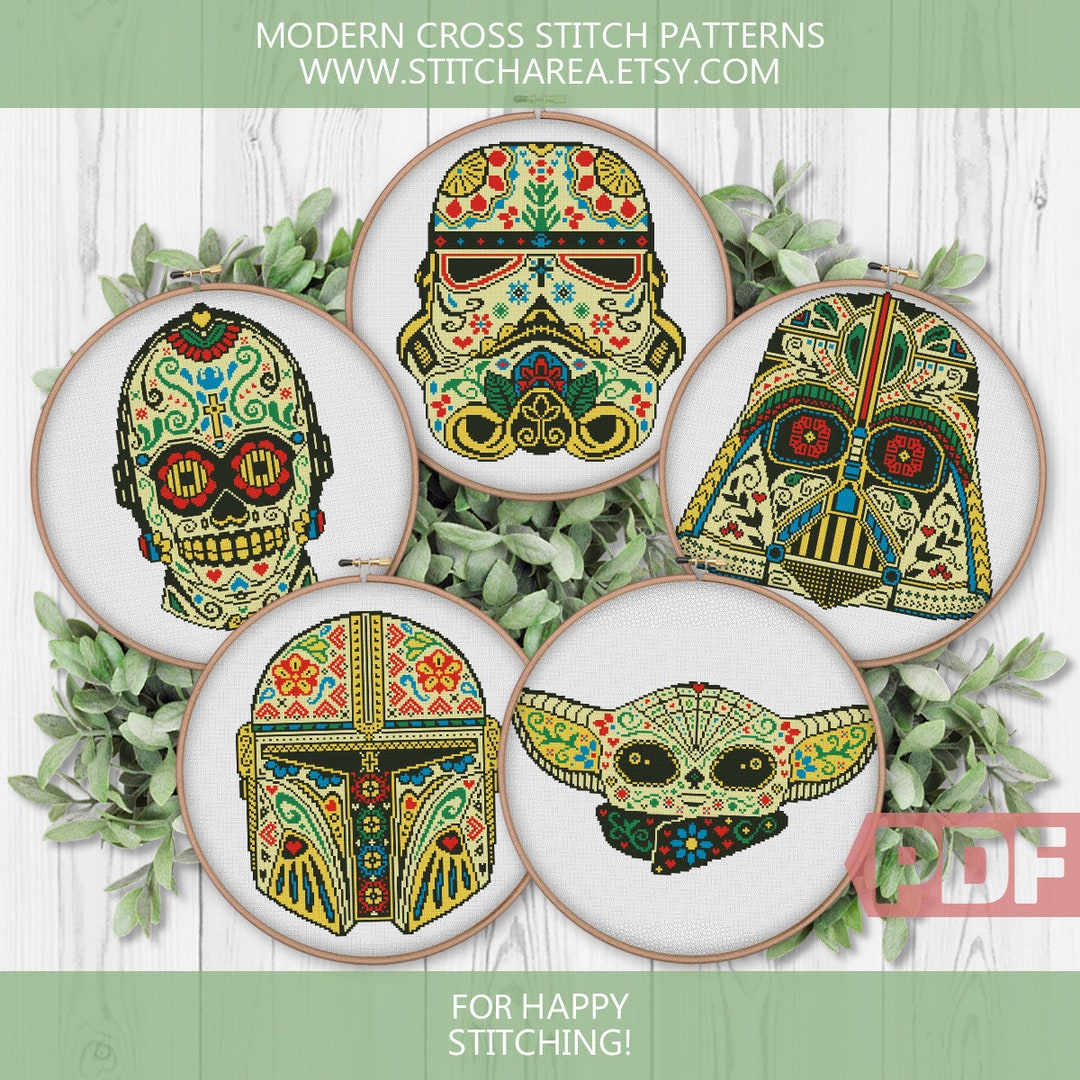 Cross Stitch Pattern, Trooper Mando Alien Dart, Sugar Skull Xstitch ...