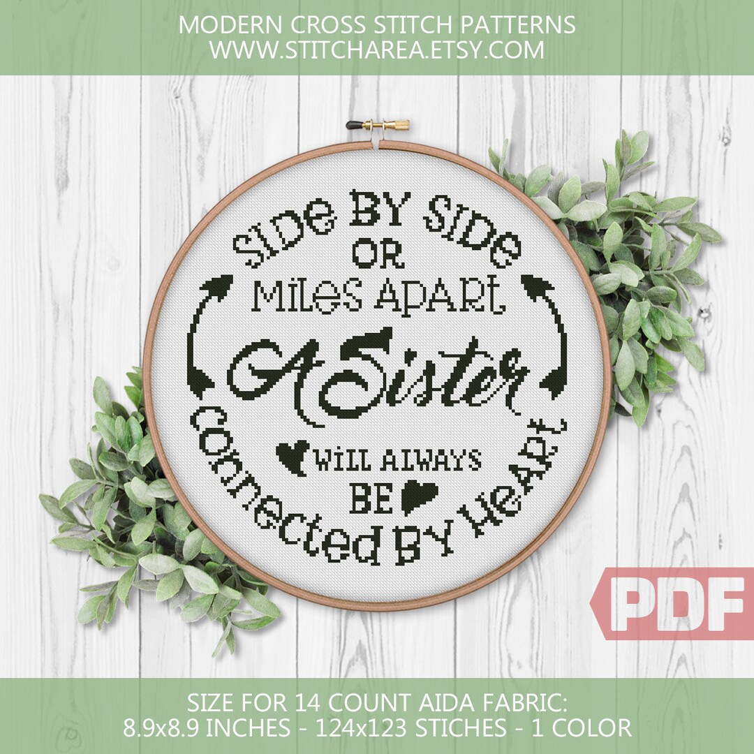 Sister Cross Stitch Pattern: Connected by Heart, Modern Gift (PDF ...