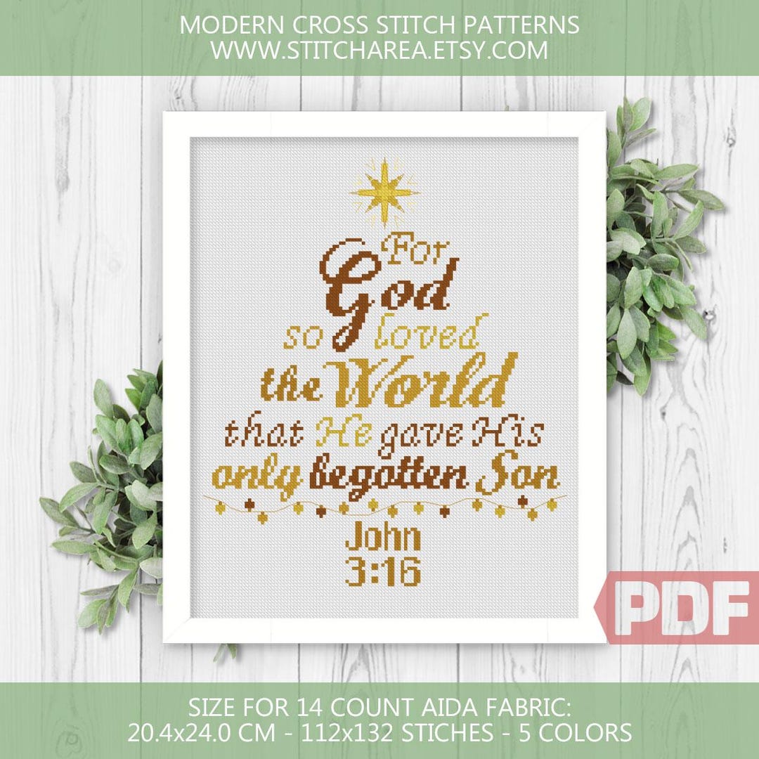John 3:16 Cross Stitch Pattern, Christmas Tree, Winter Home Modern ...