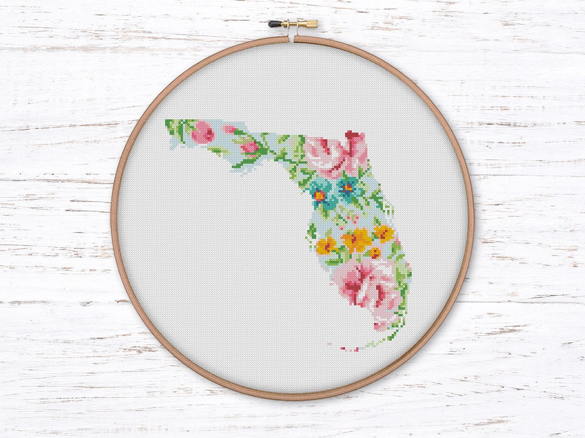 Florida Floral Map Cross Stitch Pattern: Personalized Welcome Home ...