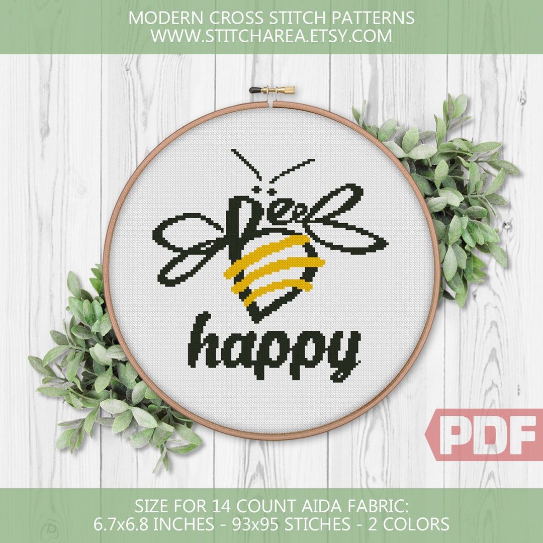 Bee Happy, Cross Stitch Pattern, Cute Bumble Bee Honey Funny Nature Bug ...