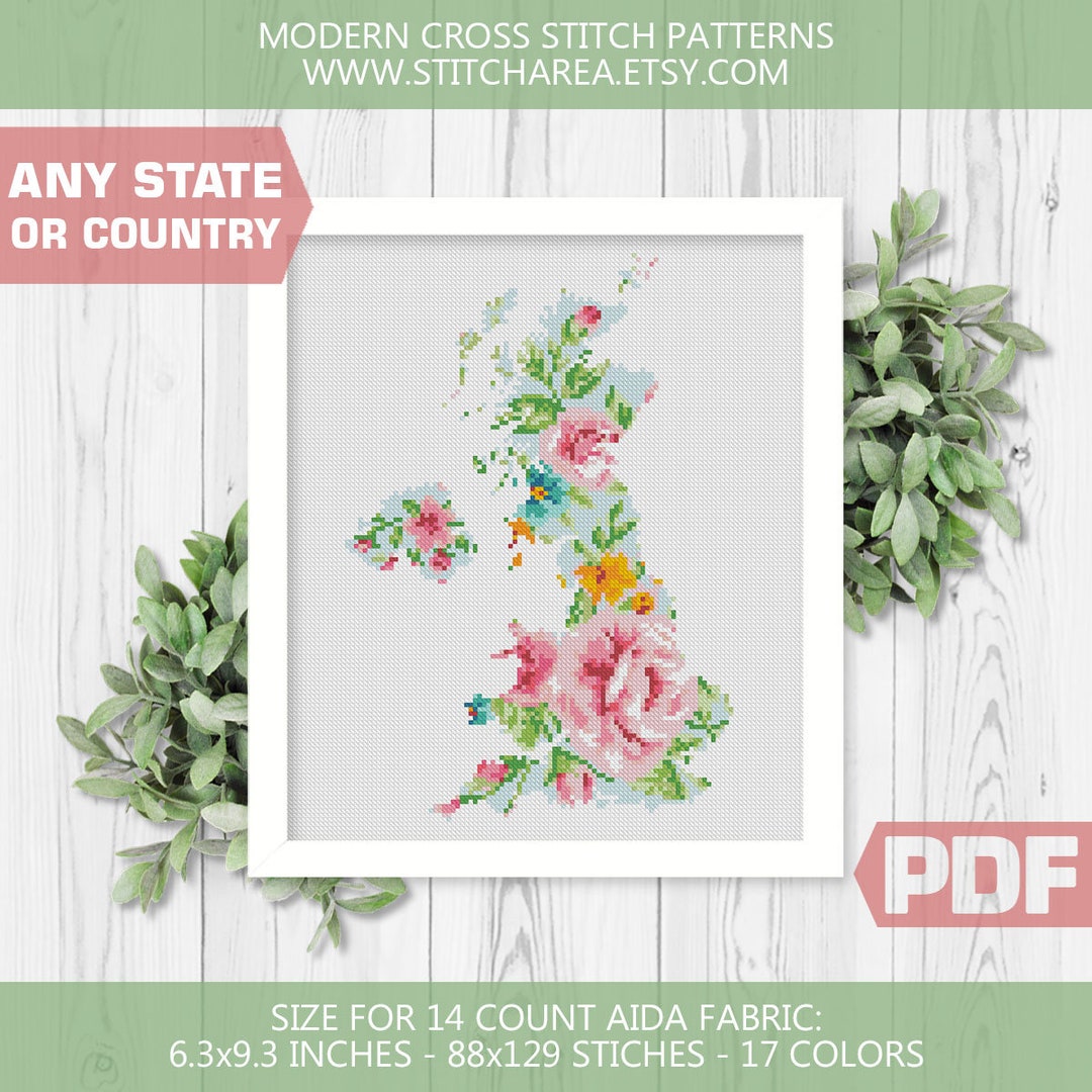 United Kingdom Floral Cross Stitch Pattern, Great Britain Map Flowers ...