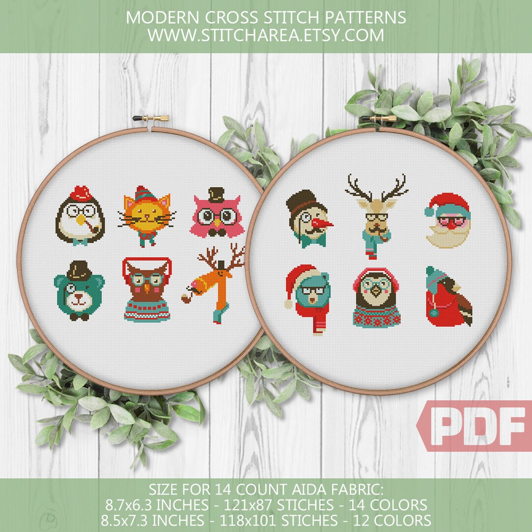 Hipsters Cross Stitch Pattern, Cute Animals, Owl Cat Bear Deer Home ...