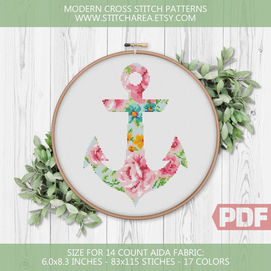 Floral Anchor Cross Stitch Pattern: Modern Embroidery Art (PDF Instant ...
