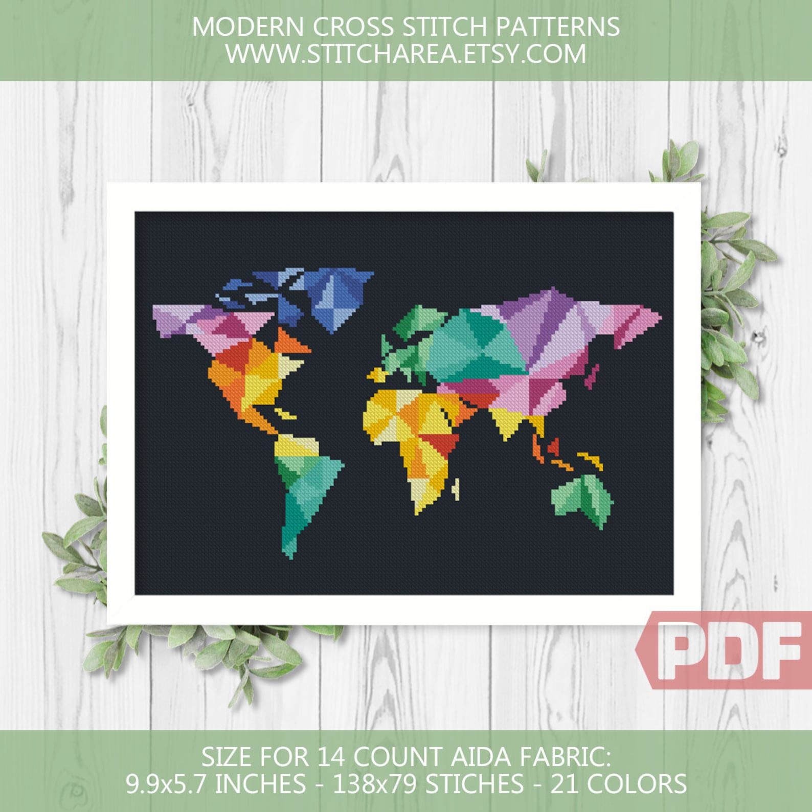 Polygonal Map Cross Stitch Pattern Geometric World Earth - Etsy