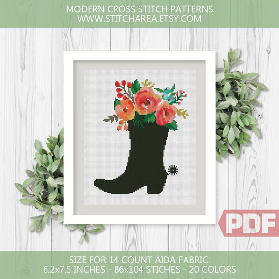 Cowboy Boot Cross Stitch Pattern Floral Western Country | Etsy