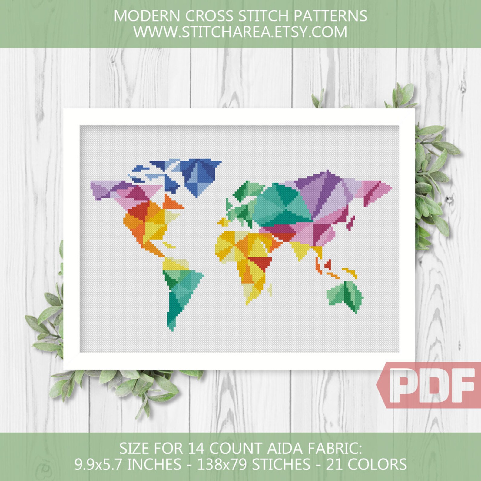 Polygonal Map Cross Stitch Pattern Geometric World Earth - Etsy