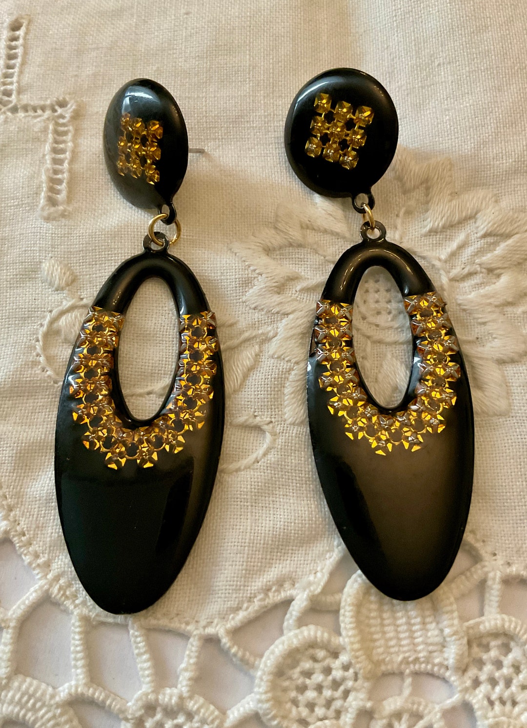1930 Vintage Long Black BAKELITE GOLD Plated Earrings - Creator ...