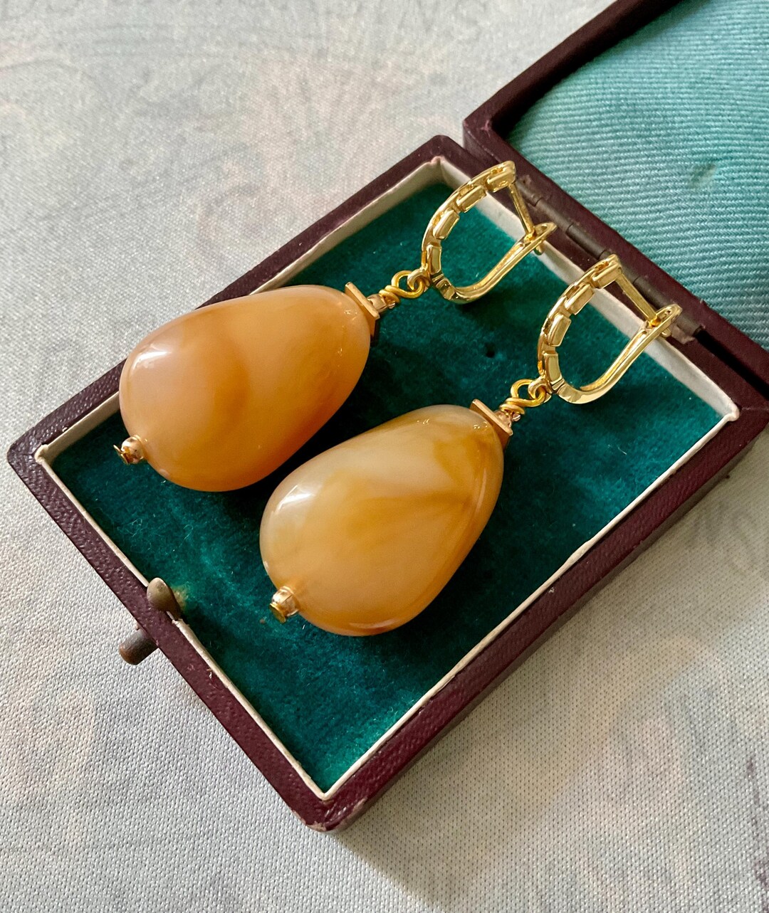 Vintage Long HONEY BAKELITE GOLD Plated Earrings - Elegant Original ...