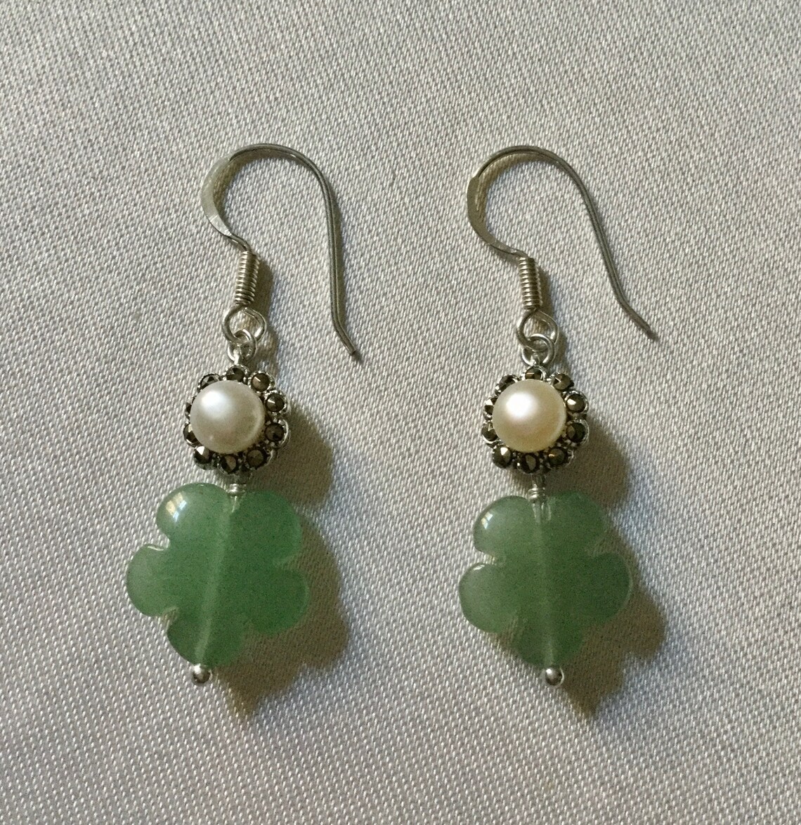 Vintage PEARL JADE MARCASITE Sterling Earrings Original - Etsy France