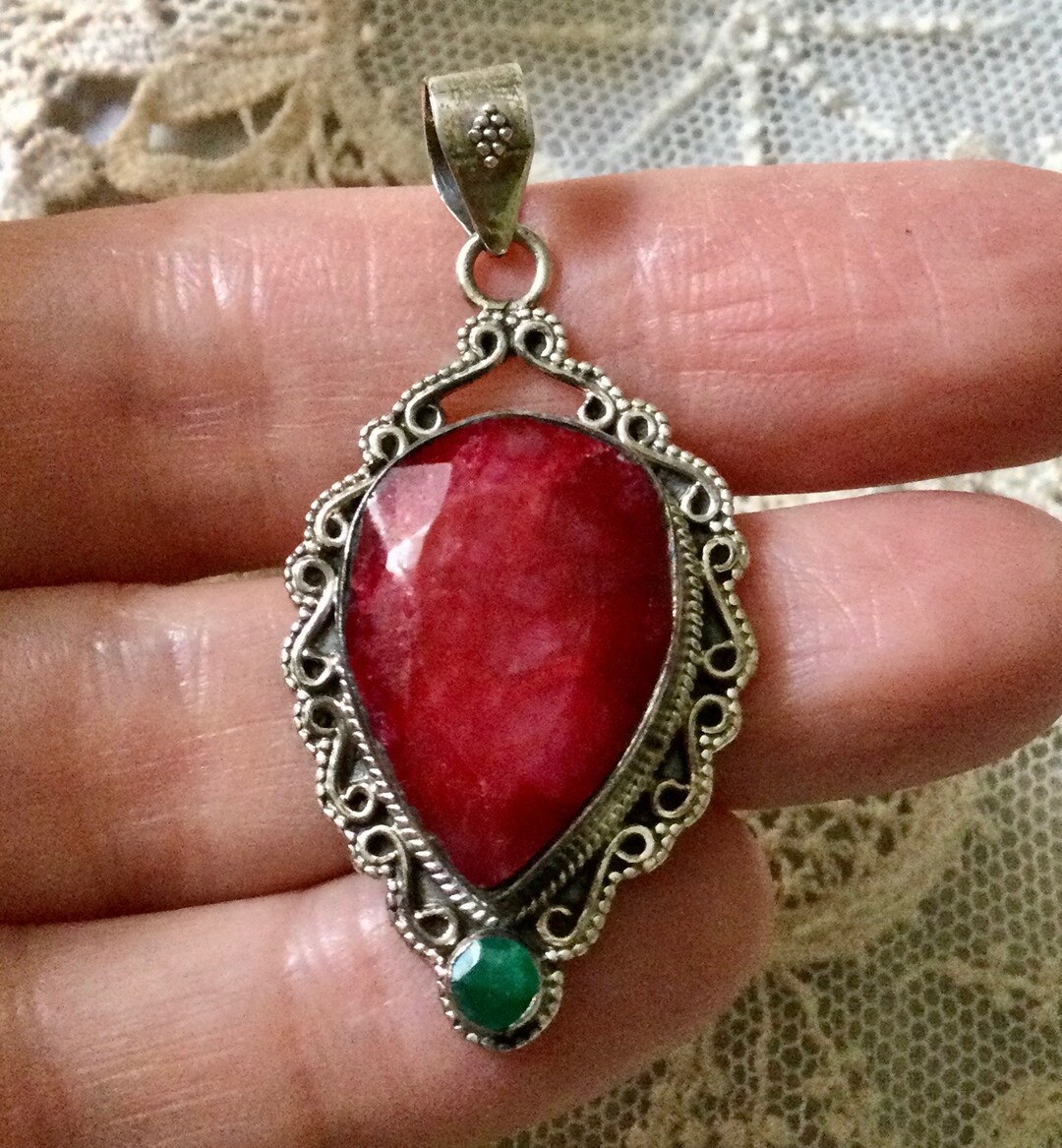 Exceptional Genuine RUBY EMERALD Sterling Vintage Pendant - Unique ...