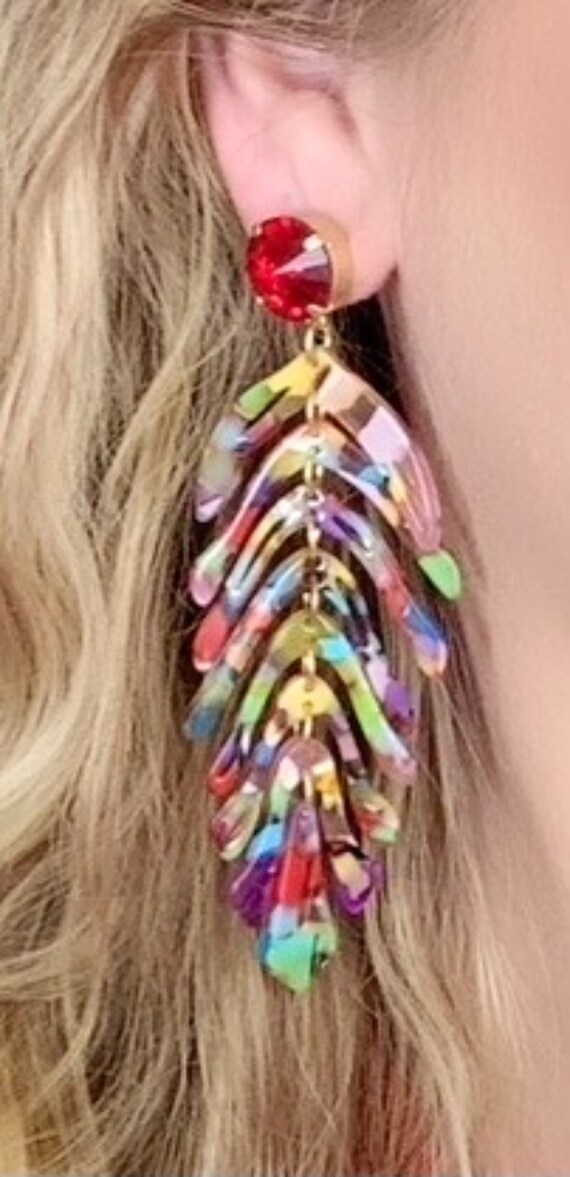 Fall Colorful Leaf Earrings Dangle swarovski Red Crystal Leaf Acetate Earrings monstera Earrings resin Leaf Earring Etsy