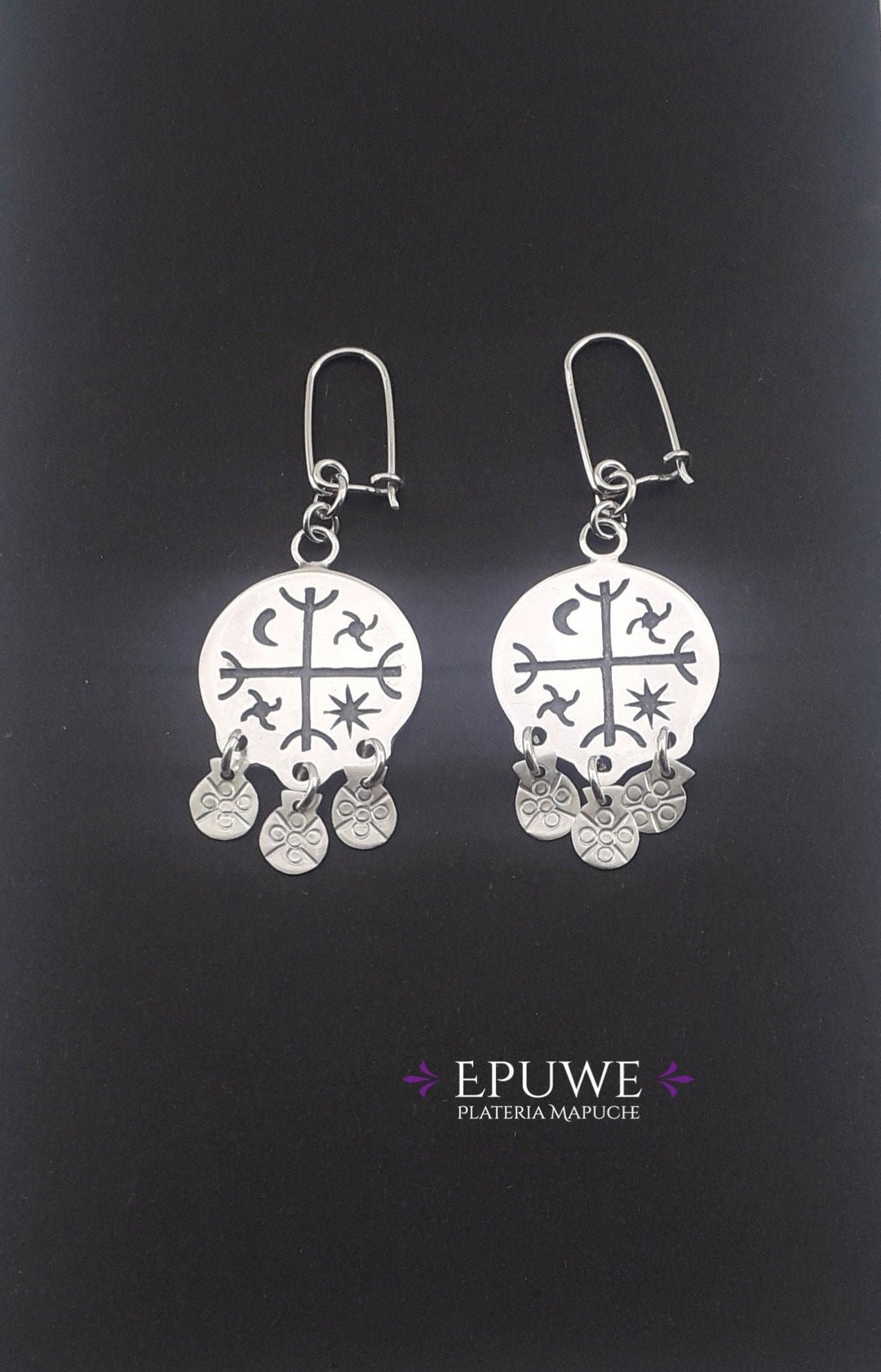 Kultrún Mapuche Design Earrings, 2 Cm in Diameter Approx. Handcrafted ...