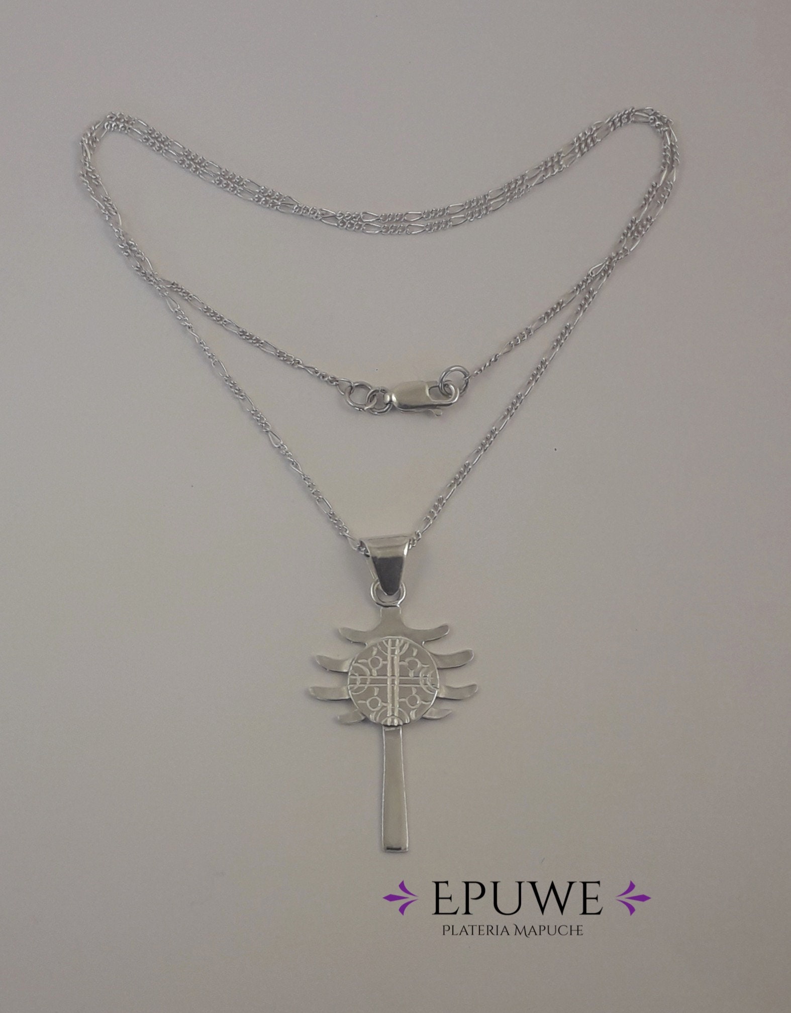 Araucaria pendant and silver chain, with Kultrún Mapuche design ...
