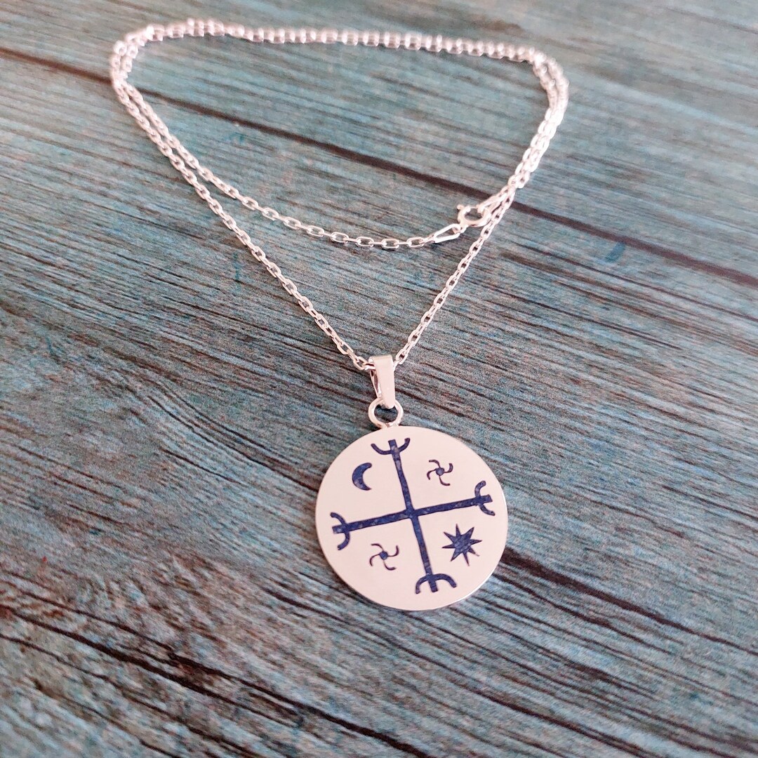 Necklace, Kultrún Mapuche, 950 Silver With Blue Background of Natural ...