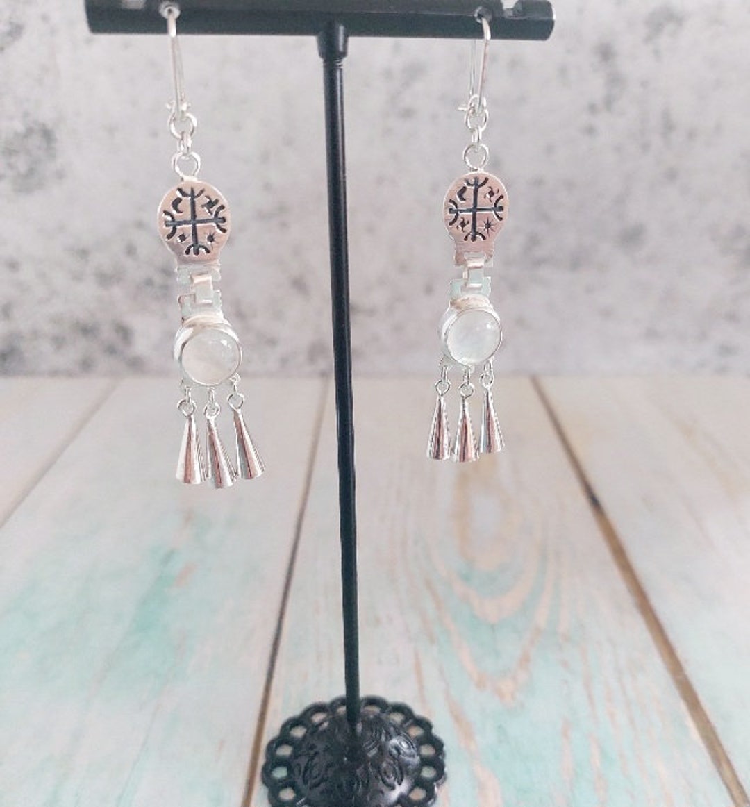 Kultrún Mapuche Design Earrings With Natural Moon Stone, Handmade in ...