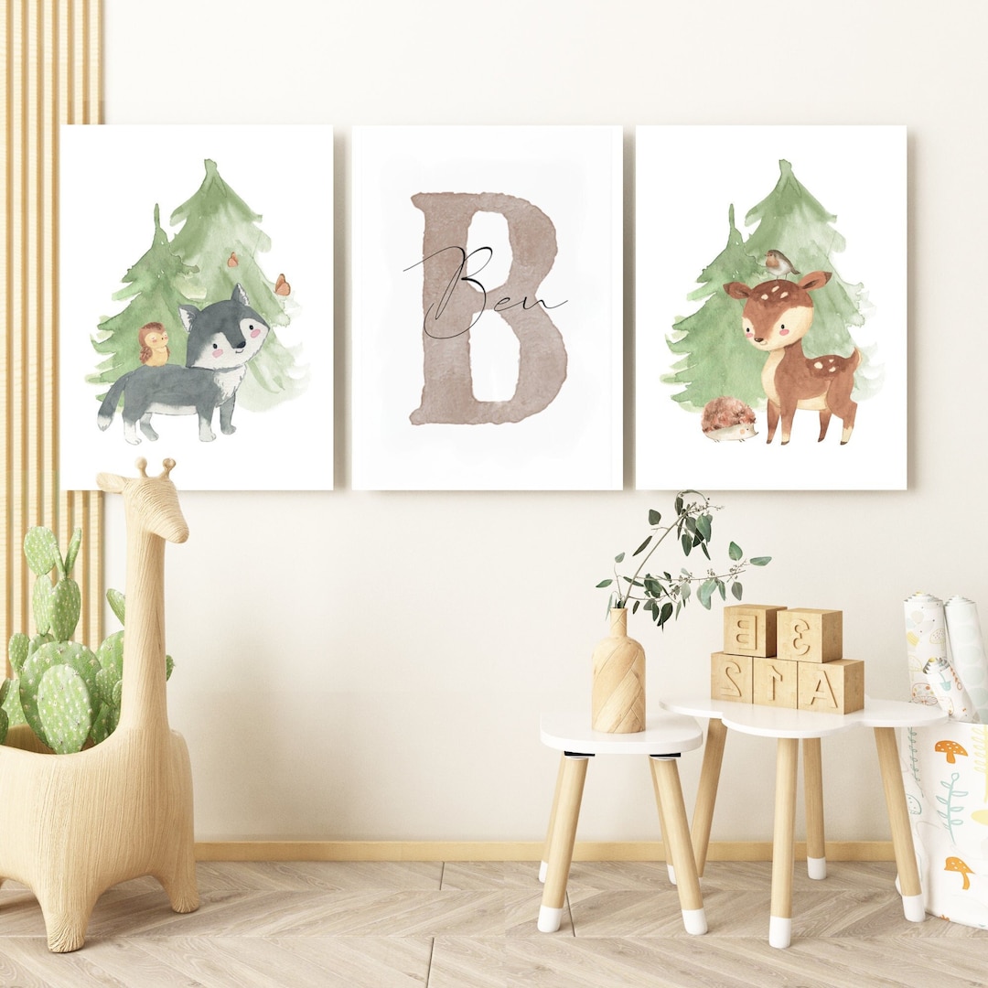 Forest Animals Poster Set With Name Children's Room Decoration Boy Girl ...