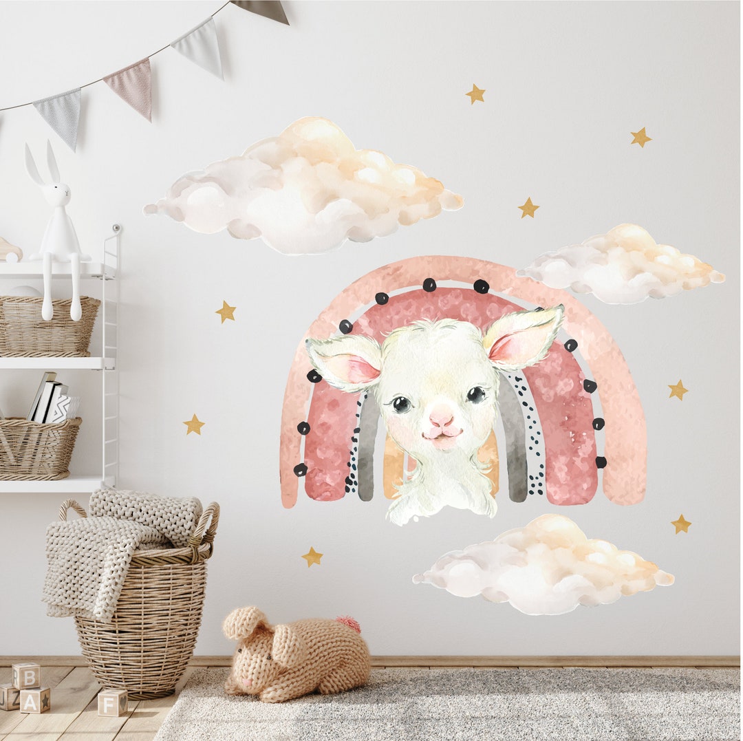 Panda Whale Wall Decal Baby Sheep With Rainbow and Clouds Cute Animals ...
