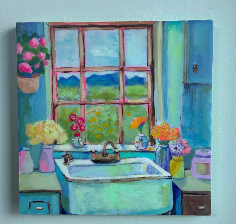 Vintage Kitchen Window • 8x8 Original Encaustic Gouache Painting • Sink ...