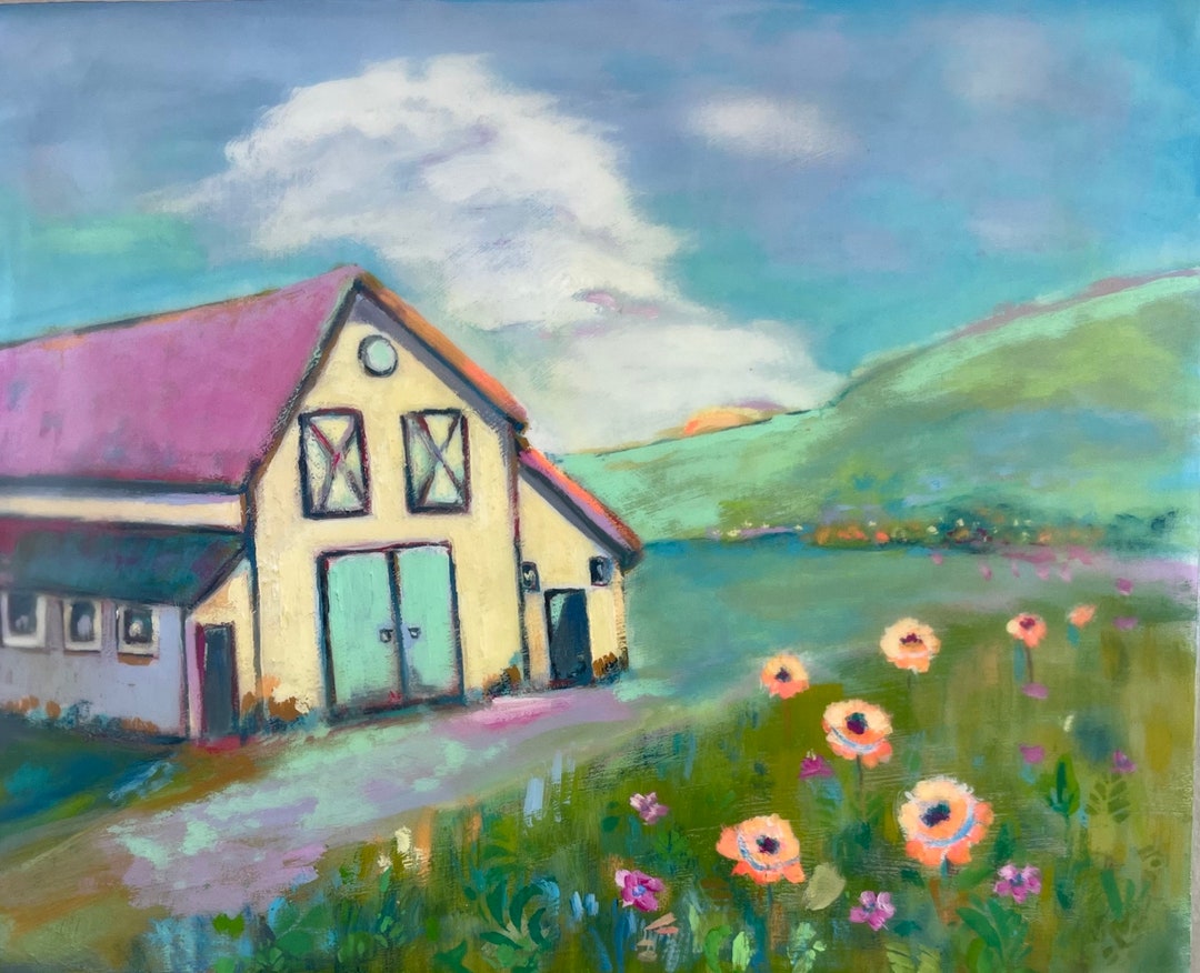 Original Painting 8x10 Encaustic Country Pink Barn Garden Wildflower ...