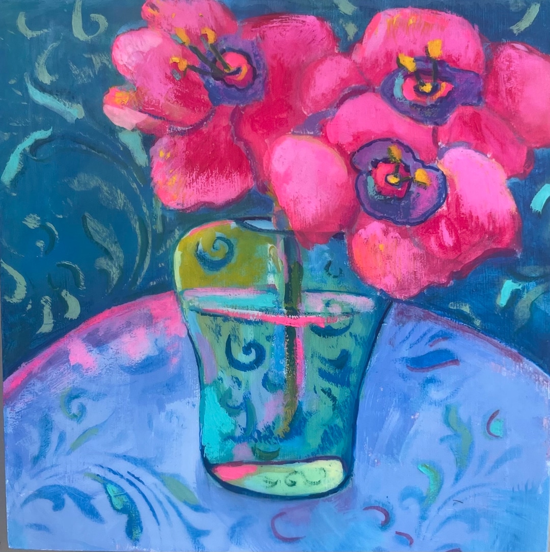 5x5” Encaustic Gouache Original Floral Painting. Whimsical Flowers ...
