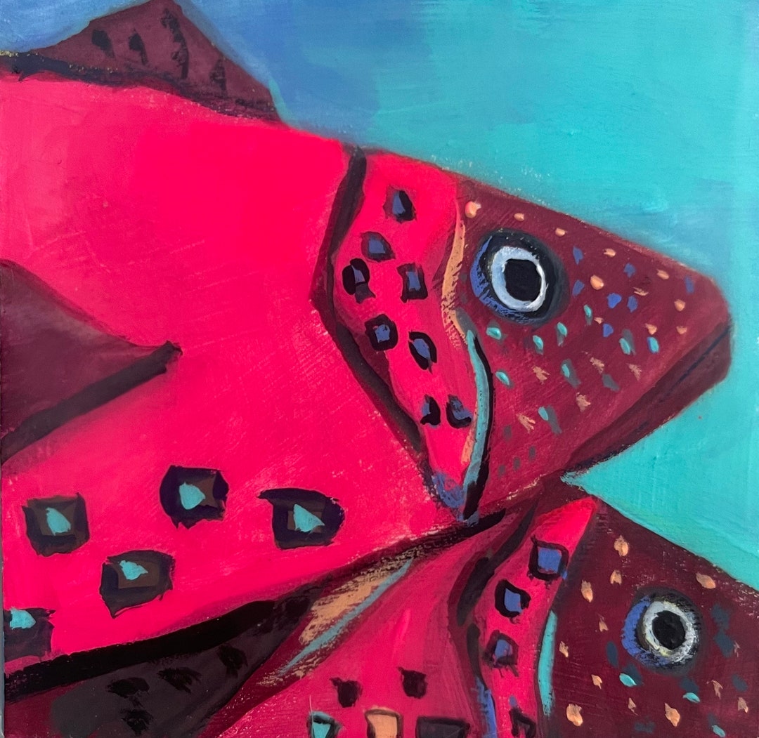 Salmon Fish Artwork 3x3 Gouache Encaustic Original Painting on Artist ...