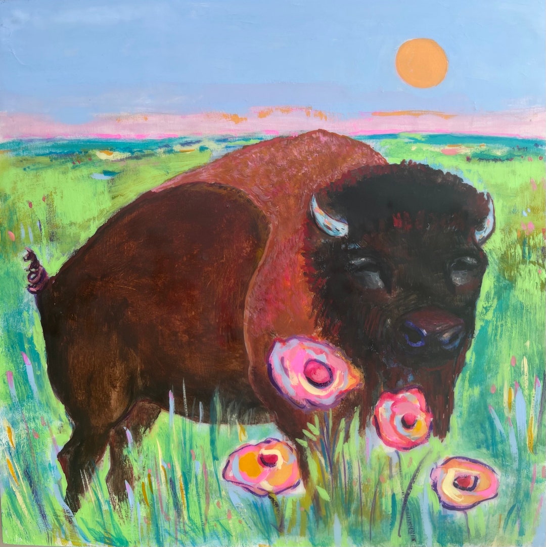 Gouache Encaustic Expressionist 8x8 Quirky Buffalo Tatonka in a Field ...