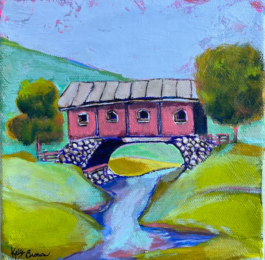 Original Acrylic Landscape River Bridge Painting. 6x6 1.5 Gallery ...