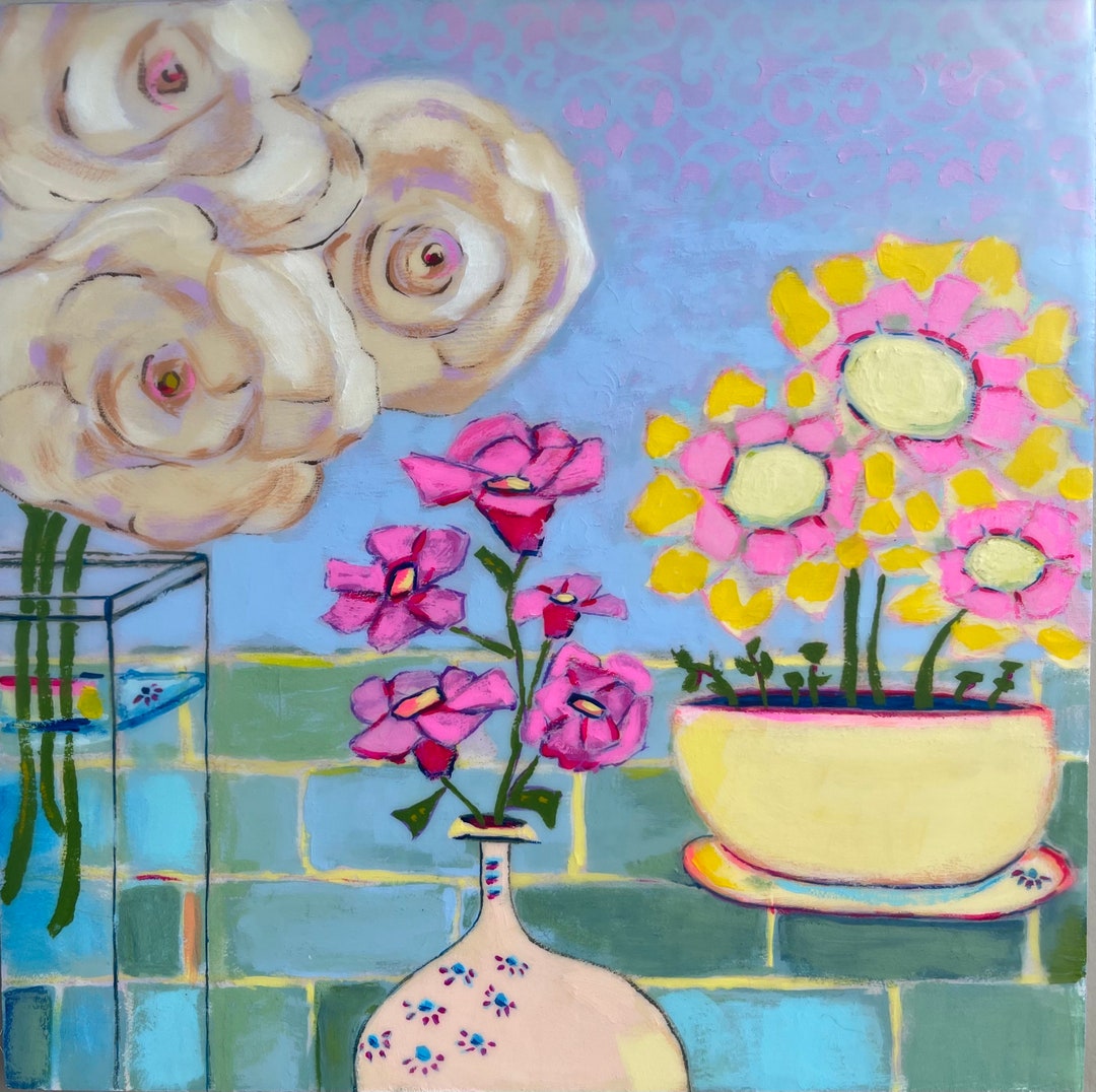 Whimsical Floral Still Life Painting — 8x8 Pastel Kitchen Wall Art ...
