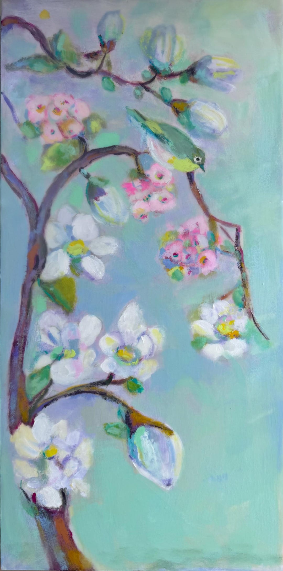 Original Painting, Magnolia Wall Art 10x20 Gouache Watercolor Whimsical ...