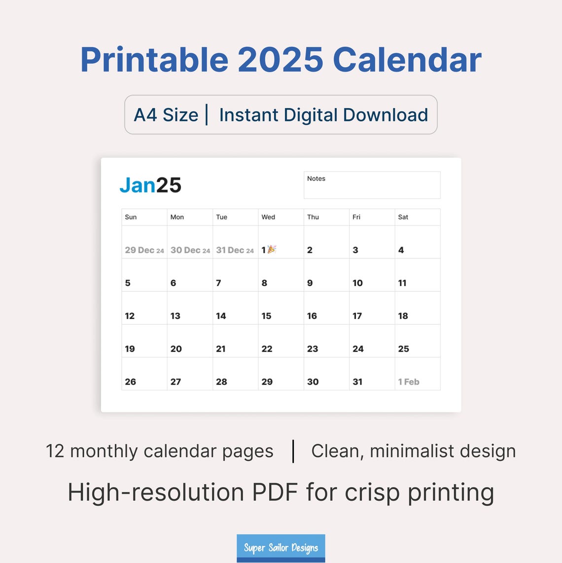 Printable A4 Calendar for 2025 - Instant Digital Download - Etsy Canada