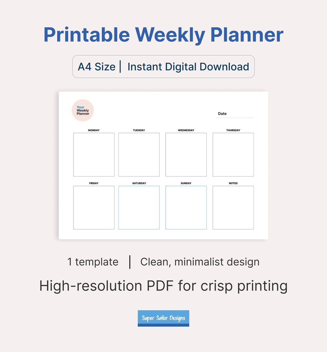 Printable A4 Weekly Planner - Instant Digital Download - Etsy