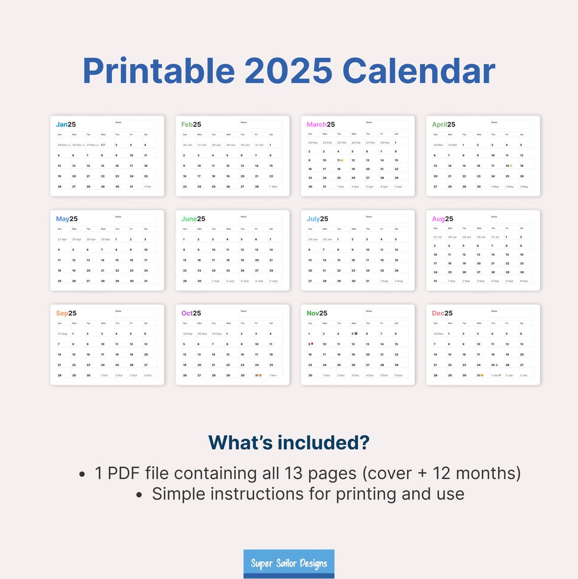 Printable A4 Calendar for 2025 - Instant Digital Download - Etsy Canada
