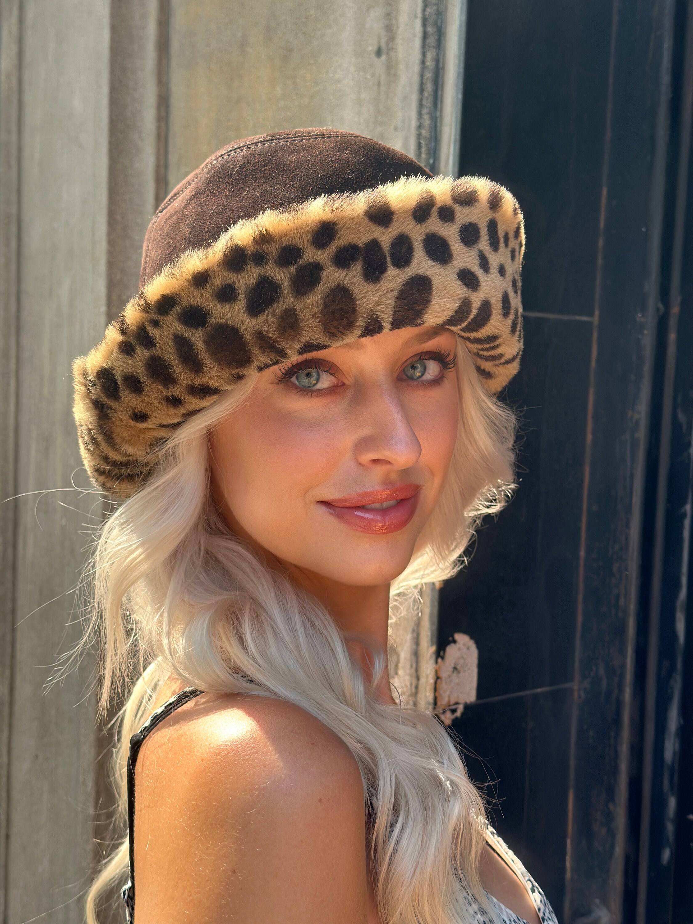Shearling Fur Fedora Hat, Brown Animal Print Color, Real Soft Spanish ...