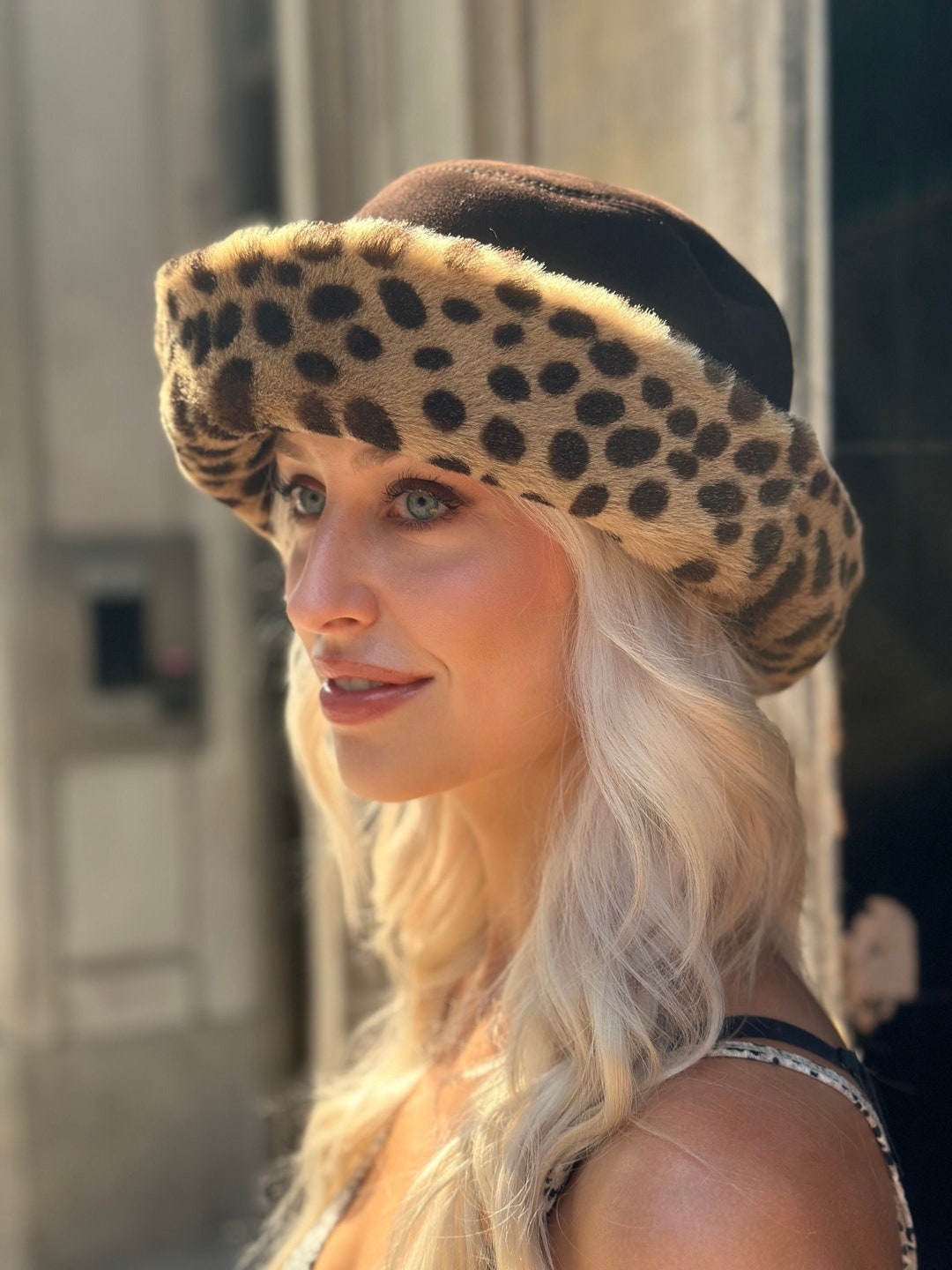 Shearling Fur Fedora Hat, Brown Animal Print Color, Real Soft Spanish ...