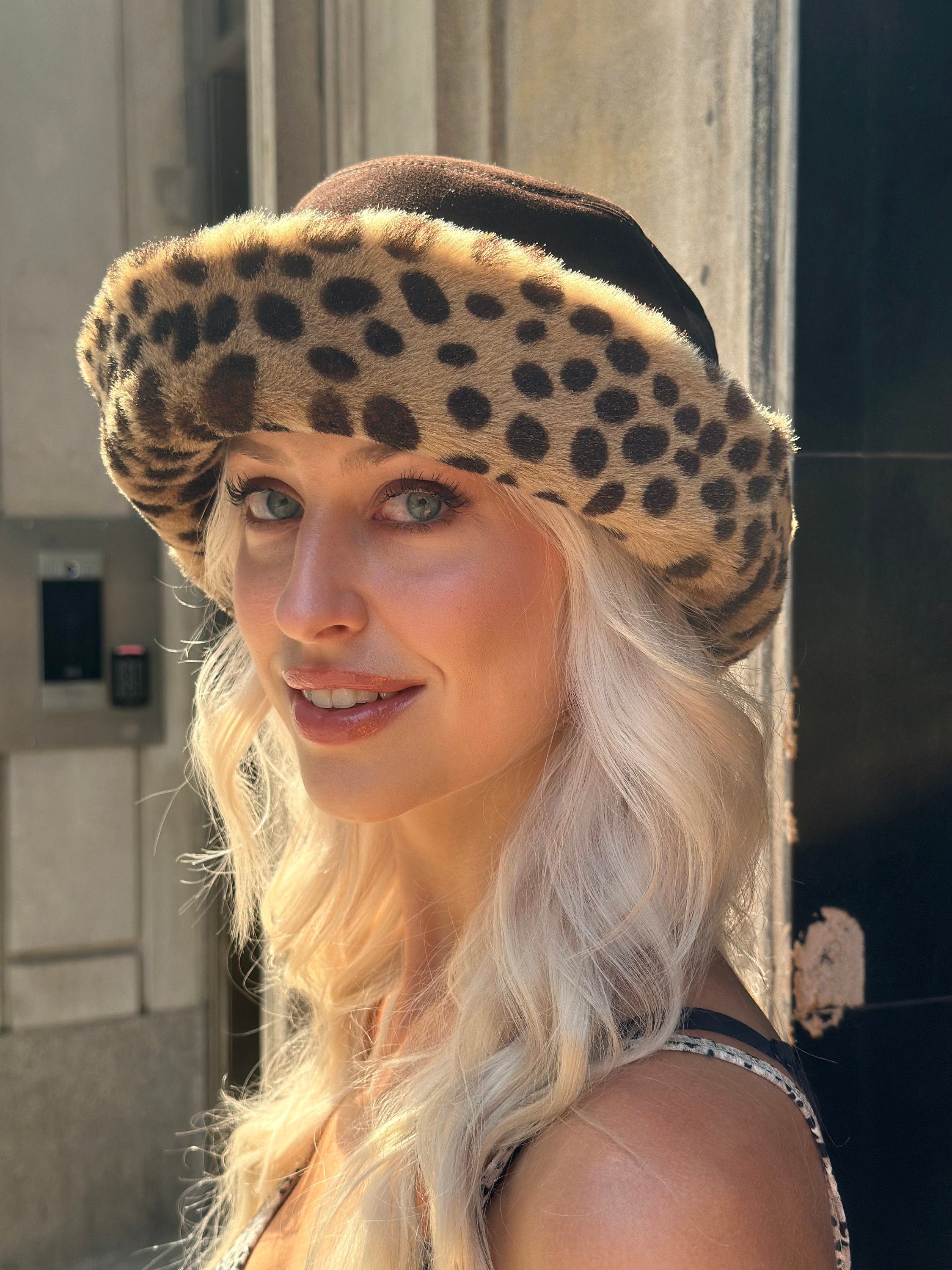 Shearling Fur Fedora Hat, Brown Animal Print Color, Real Soft Spanish ...